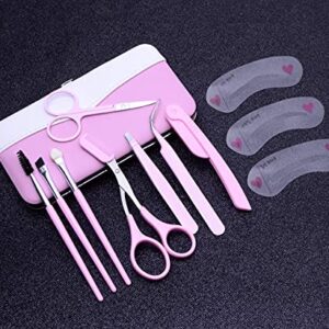 LETB Pink Color 12 Pieces Beauty Care Tools Eyebrow Trimming Kit Eyebrow Scissor&Comb Eyebrow Brush Grooming Set Tweezers and Razor Set Included Free Pink Travel Case Gifts for Girls Women