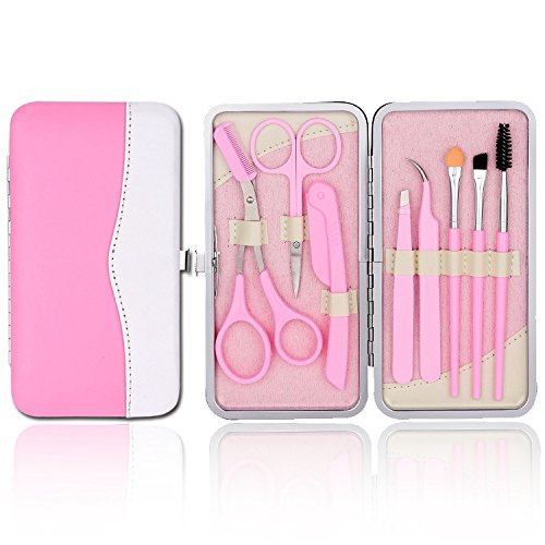 LETB Pink Color 12 Pieces Beauty Care Tools Eyebrow Trimming Kit Eyebrow Scissor&Comb Eyebrow Brush Grooming Set Tweezers and Razor Set Included Free Pink Travel Case Gifts for Girls Women