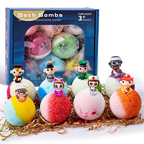 Bath Bombs for Kids with Surprise Toy Inside, Colorful Handmade Natural Bath Ball with Professionals Career Figurine, Children Moisturizing SPA Fizzy Bath Bomb with Coconut Oil Gift Set for Girl Boy