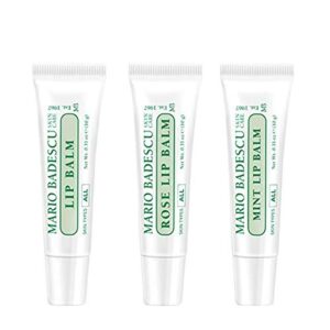 mario badescu moisturizing lip balm | trio pack includes mint, rose, and original | infused with vitamin e, cocoa butter, and coconut & sweet almond oils for soft & supple lips | 3 count