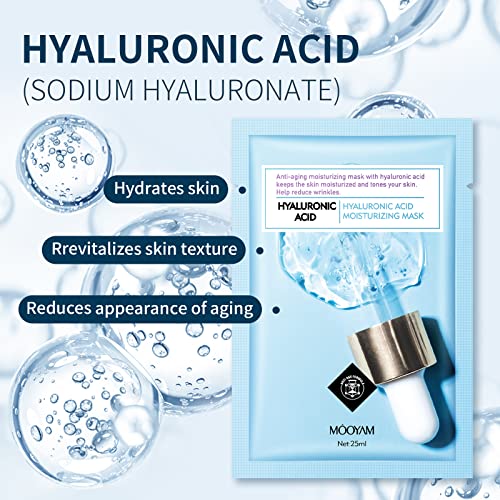 Face Mask Skin Care Hydrating Face Masks Sheets, Hyaluronic Acid Sheets Pack Deep Moisturizing Facemask Anti Aging Facial Mask for Women Skin Care Face Masks beauty- Smoothing Rejuvenating, Pack of 10