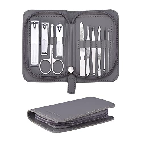 FIXBODY Nail Clippers Set, Professional Manicure set and Pedicure Kit, 10 Pieces Nail Care Kit, Toenail Clippers with Gray Leather Case, Gift for Men and Women