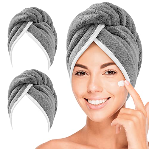 Microfiber Hair Towels Wrap for Women, 2 Pack Thick Hair Drying Towels with Button, Fast Drying Hair Turbans for Wet Hair, Long, Curly Hair, Super Soft Hair Wrap Towels for Women Anti Frizz (Grey)