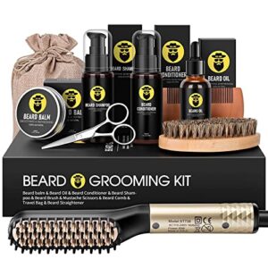 beard straightener kit, beard growth grooming kit, beard straightener, beard growth oil, beard wash shampoo, conditioner, balm, wax, comb, brush, scissor, bag, gifts for men him dad boyfriend