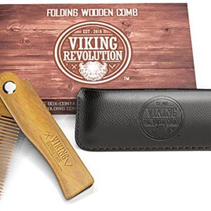 Folding Beard Comb w/Carrying Pouch for Men - All Natural Wooden Beard Comb w/Gift Box - Green Sandalwood Comb for Grooming & Combing Hair, Beards and Mustaches by Viking Revolution