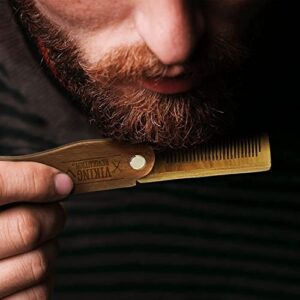 Folding Beard Comb w/Carrying Pouch for Men - All Natural Wooden Beard Comb w/Gift Box - Green Sandalwood Comb for Grooming & Combing Hair, Beards and Mustaches by Viking Revolution