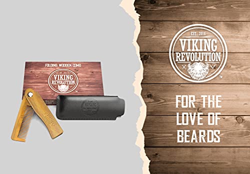 Folding Beard Comb w/Carrying Pouch for Men - All Natural Wooden Beard Comb w/Gift Box - Green Sandalwood Comb for Grooming & Combing Hair, Beards and Mustaches by Viking Revolution