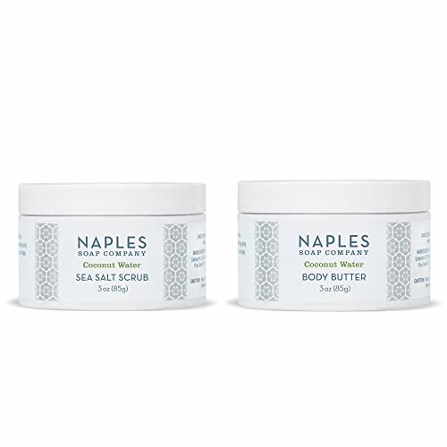 Naples Soap Company Sea Salt Scrub & Body Butter Combo Pack – Natural Skincare Gift Set Includes Exfoliating Body Scrub & Rich Cocoa and Shea Body Butter – Coconut Water, Set of 2, Travel Size 3oz Jars