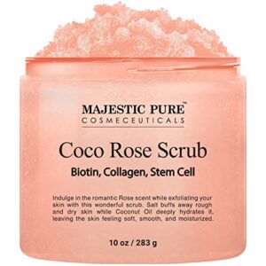 majestic pure coco rose scrub – with biotin, collagen, stem cell & coconut oil – exfolaiting body scrub – skin moisturizer, pore cleanser & body exfoliator – natural skin care for men & women – 10 oz