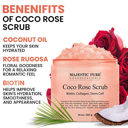 MAJESTIC PURE Coco Rose Scrub - With Biotin, Collagen, Stem Cell & Coconut Oil - Exfolaiting Body Scrub - Skin Moisturizer, Pore Cleanser & Body Exfoliator - Natural Skin Care for Men & Women - 10 oz