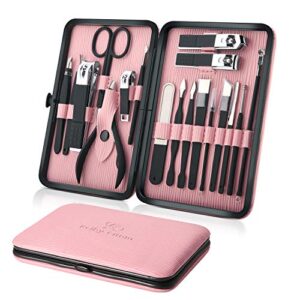 manicure set professional nail clippers kit pedicure care tools- stainless steel women grooming kit 18pcs for travel or home (pink)