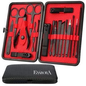 esarora manicure set, 18 in 1 stainless steel professional pedicure kit nail scissors grooming kit with black leather travel case