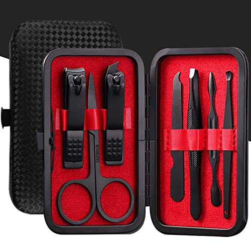 Manicure Set Pedicure Kit Professional 19 Pcs Nail Clipper for Men & Women Stainless Steel Sharp Cutter Grooming Nose Hair Scissors…Black Fingernails & Toenails with Portable Case (Red_7 pieces)