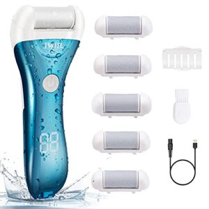 callus remover for feet, electric foot file rechargeable foot scrubber pedicure tools for feet electronic callus shaver waterproof pedicure kit for cracked heels and dead skin with 5 roller heads