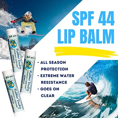 Rubber Ducky - Kid's SPF 44 Lip Balm - Moisturizing Vitamin E Sunscreen For Lips - All Season Broad Spectrum UV Protection - Waterproof 80 Mins -NO-OX Protectant - Clear - Vanilla (3 Packs)