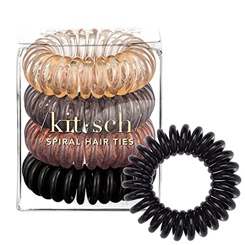 Kitsch Spiral Hair Ties for Women - Waterproof Teleties & Ponytail Holders for Teens | Stylish Phone Cord Hair Ties & Hair Coils for Girls | Coil Hair Ties for Thick Hair & Thin Hair, 4 Pcs (Brunette)