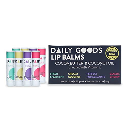 Assorted Natural Lip Balm Pack with Cocoa Butter and Coconut Oil by DAILY GOODS, Includes Pomegranate, Coconut, Cherry, and Spearmint Flavors, Enriched with Vitamin E - Pack of 8, 0.15 oz Tubes