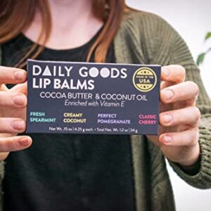 Assorted Natural Lip Balm Pack with Cocoa Butter and Coconut Oil by DAILY GOODS, Includes Pomegranate, Coconut, Cherry, and Spearmint Flavors, Enriched with Vitamin E - Pack of 8, 0.15 oz Tubes