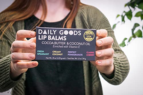 Assorted Natural Lip Balm Pack with Cocoa Butter and Coconut Oil by DAILY GOODS, Includes Pomegranate, Coconut, Cherry, and Spearmint Flavors, Enriched with Vitamin E - Pack of 8, 0.15 oz Tubes