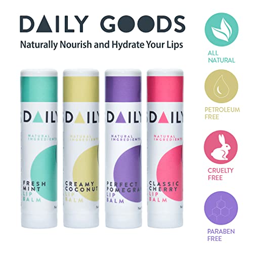 Assorted Natural Lip Balm Pack with Cocoa Butter and Coconut Oil by DAILY GOODS, Includes Pomegranate, Coconut, Cherry, and Spearmint Flavors, Enriched with Vitamin E - Pack of 8, 0.15 oz Tubes