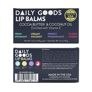 Assorted Natural Lip Balm Pack with Cocoa Butter and Coconut Oil by DAILY GOODS, Includes Pomegranate, Coconut, Cherry, and Spearmint Flavors, Enriched with Vitamin E - Pack of 8, 0.15 oz Tubes