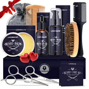 lionmane beard care gifts kit for men, beard mustache grooming kit-beard balm, beard wash, beard oil, brush, scissors, father’s day birthday anniversary daily gifts for husband/boyfriend/dad/him