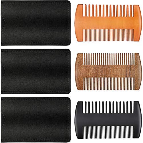 3 Pieces Beard Comb Natural Sandalwood Wooden Mustaches Combs Dual Action Teeth Beard Comb with 3 Pieces Pocket Faux Leather Case for Beards Mustaches (Black, Yellow, Brown)