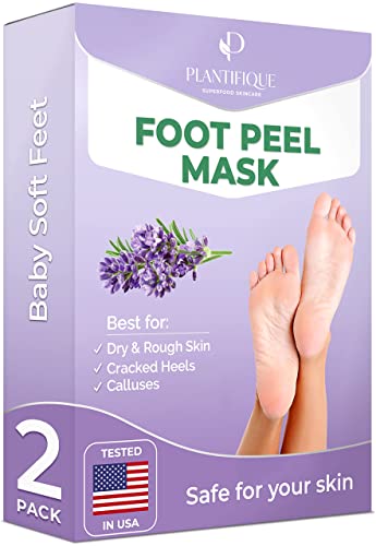 PLANTIFIQUE Foot Peel Mask with Lavender 2 Pack Peeling Foot Mask Dermatologically Tested - Repairs Heels, Removes Dead Skin for Baby Soft Feet - Exfoliating Foot Peel Mask for Dry Cracked Feet