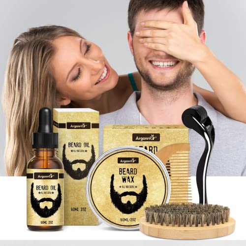 Arganrro Beard Growth Kit - Beard Derma Roller, Beard Oil, Beard Balm, Brush, Comb - Beard Care Kit Valentine's Day & Birthday Gift for Dad Husband & Boyfriend