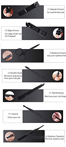 Aubcee Nail Clipper Set, Manicure, Pedicure Kit, 7 in 1 Black Stainless Steel Professional Grooming Kit with Black Leather Travel Case