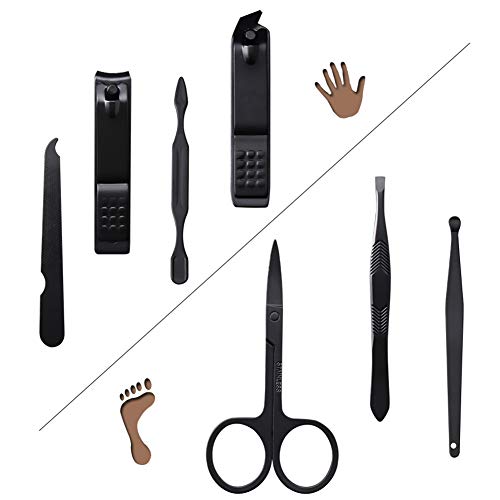 Aubcee Nail Clipper Set, Manicure, Pedicure Kit, 7 in 1 Black Stainless Steel Professional Grooming Kit with Black Leather Travel Case