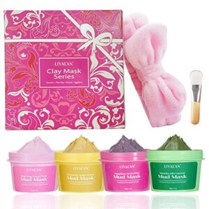 liyalan face clay mask set(1.76 oz/4 pack),matcha facial mud mask, eggplant rose face mask skin care, turmeric acne facial masks gifts for women, deep cleansing(pink)