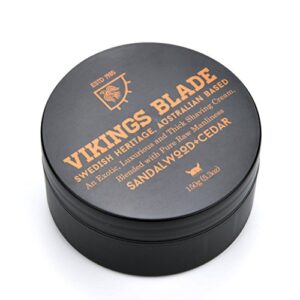 vikings blade luxury shaving cream, sandalwood & western red cedar, silky buttery smooth, surfactant base. refreshing, clean, close, foaming shave cream