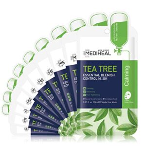 mediheal official [korea’s no 1 sheet mask] – tea tree essential blemish control mask – skin soothing & sebum control mask pack for sensitive oily skin(10 masks)