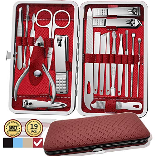 Manicure Set, 19 in 1 Stainless Steel Professional Pedicure Kit Nail Scissors Grooming Kit with Leather Travel Case Great Gift for Men and Women(Red)