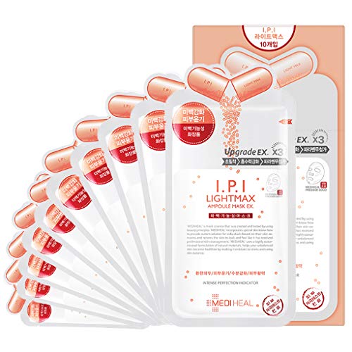 Mediheal I.P.I Lightmax Ampoule Mask EX. Pack of 10 - Cotton Facial Sheets with Vitamin C and Niacinamide, for Dark Spot Removal, Skin Clearing, and Freckles Care