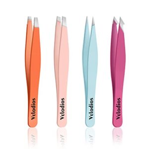 velodios tweezers for women and men, professional precision tweezers for eyebrows, pointed and slant tweezers for facial hair, splinter and ingrown hair removal, stainless steel tweezers set – 4pack