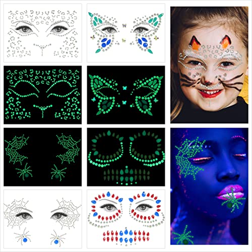 Noctilucent Face Jewels Temporary Tattoo-Luminous Face Gems Rhinestone Stickers Glow In Dark, Halloween, Rave Festival, Party Dress-up, Skeletons, Spiderwebs, Butterfly, Cat Costume Accessories(4Sets)