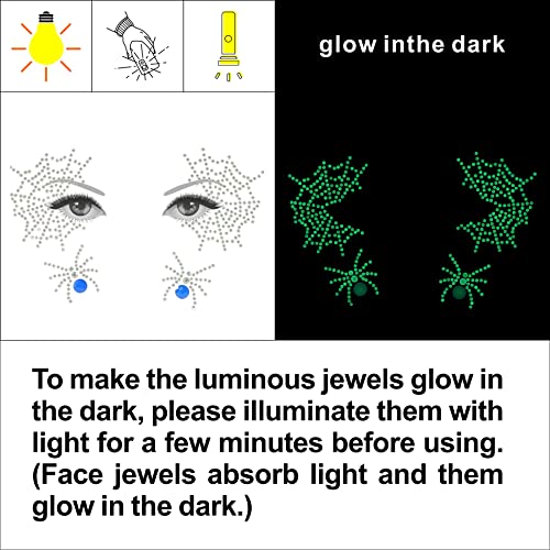 Noctilucent Face Jewels Temporary Tattoo-Luminous Face Gems Rhinestone Stickers Glow In Dark, Halloween, Rave Festival, Party Dress-up, Skeletons, Spiderwebs, Butterfly, Cat Costume Accessories(4Sets)