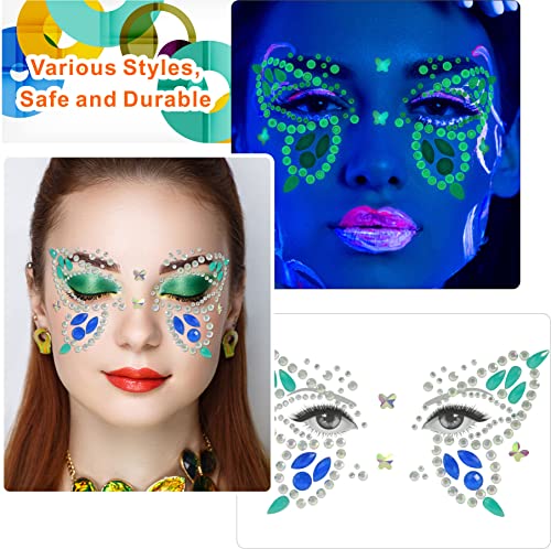 Noctilucent Face Jewels Temporary Tattoo-Luminous Face Gems Rhinestone Stickers Glow In Dark, Halloween, Rave Festival, Party Dress-up, Skeletons, Spiderwebs, Butterfly, Cat Costume Accessories(4Sets)