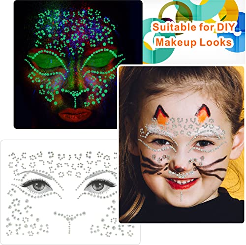 Noctilucent Face Jewels Temporary Tattoo-Luminous Face Gems Rhinestone Stickers Glow In Dark, Halloween, Rave Festival, Party Dress-up, Skeletons, Spiderwebs, Butterfly, Cat Costume Accessories(4Sets)