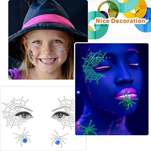 Noctilucent Face Jewels Temporary Tattoo-Luminous Face Gems Rhinestone Stickers Glow In Dark, Halloween, Rave Festival, Party Dress-up, Skeletons, Spiderwebs, Butterfly, Cat Costume Accessories(4Sets)