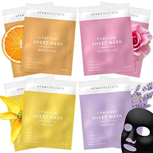 Viva Naturals Charcoal Face Mask Set (8 Pack) - Collagen & Hyaluronic Acid Face Mask for Skin Care - Moisturize and Brighten with 4 Varieties of Facial Sheet Mask