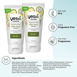 Yes To Avocado Fragrance Free Daily Hand Cream, Fast-Absorbing Formula That Combats Signs Of Aging, With Omega 3 Fatty Acids, Hyaluronic Acid & Glycerin, Natural, Vegan & Cruelty Free, 3 Oz (2 Pack)