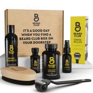 beard club advanced beard growth kit – grow a thicker fuller beard – derma roller for beard growth, beard growth oil, vitamins and vitamin spray, beard shampoo and beard brush – gift set