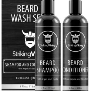 Beard Shampoo and Beard Conditioner for Men, All-Natural Beard Wash Set Cleanse Softens & Conditions with Organic Argan and Jojoba Beard Oils, Sulfate & Paraben Free by Striking Viking