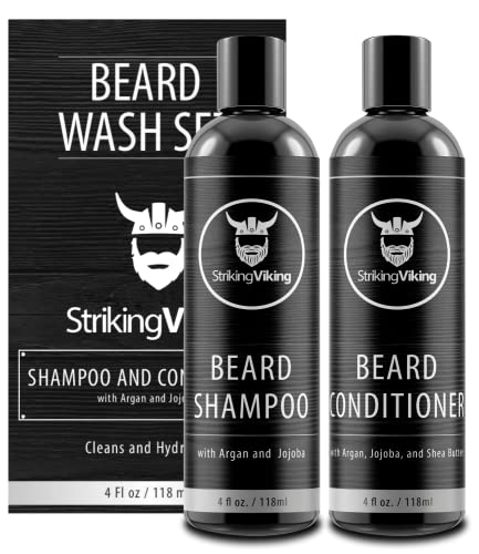 Beard Shampoo and Beard Conditioner for Men, All-Natural Beard Wash Set Cleanse Softens & Conditions with Organic Argan and Jojoba Beard Oils, Sulfate & Paraben Free by Striking Viking