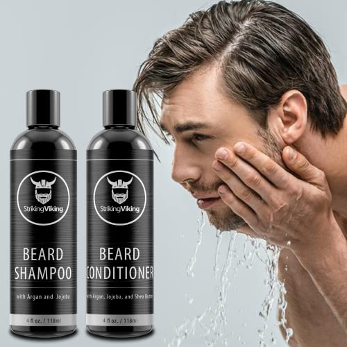 Beard Shampoo and Beard Conditioner for Men, All-Natural Beard Wash Set Cleanse Softens & Conditions with Organic Argan and Jojoba Beard Oils, Sulfate & Paraben Free by Striking Viking