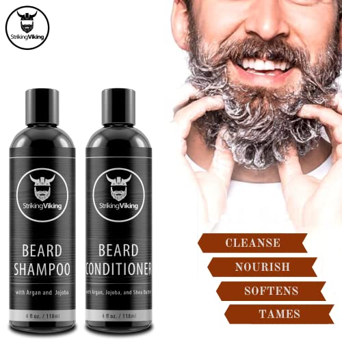 Beard Shampoo and Beard Conditioner for Men, All-Natural Beard Wash Set Cleanse Softens & Conditions with Organic Argan and Jojoba Beard Oils, Sulfate & Paraben Free by Striking Viking