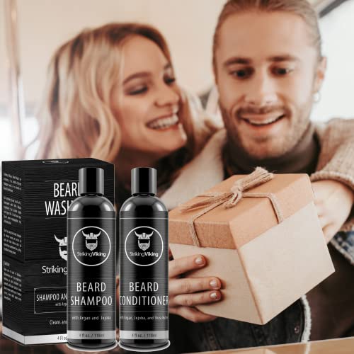 Beard Shampoo and Beard Conditioner for Men, All-Natural Beard Wash Set Cleanse Softens & Conditions with Organic Argan and Jojoba Beard Oils, Sulfate & Paraben Free by Striking Viking